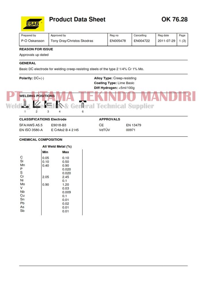 Jual Kawat Las ESAB OK 76.28L Diameter 3,15 x 450mm VP - AWS E9018-B3 ...