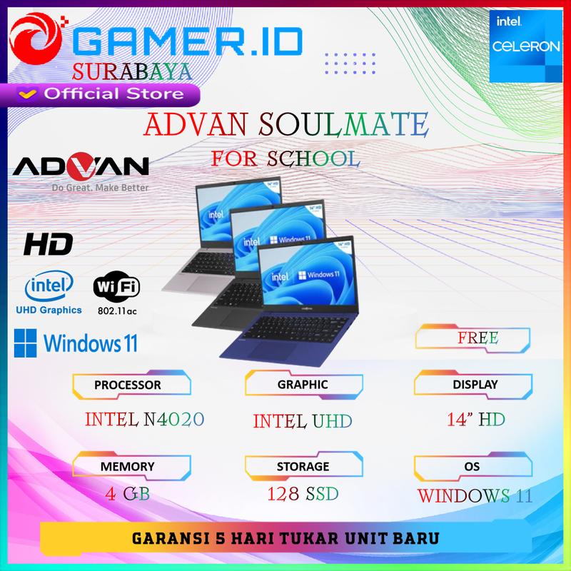 Laptop Advan Soulmate N4020 4GB 128SSD Windows 11 - Shop | Tokopedia