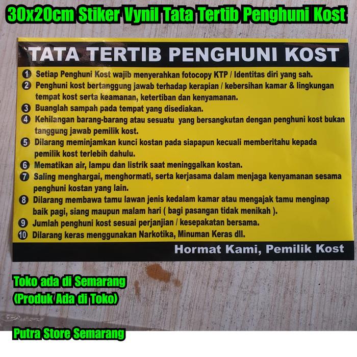 Jual Stiker Tata tertib kost 30x20cm bahan vynil tulisan peraturan kos ...