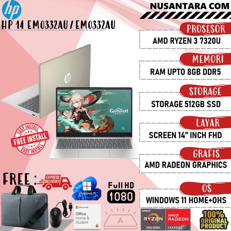(Resmi) Laptop Baru EM0332AU/EM0333AU HP 14 AMD Ryzen 3 7320U RAM 8GB ...