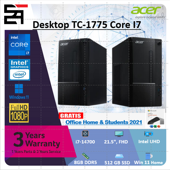Promo ACER PC DESKTOP TC 1775 I7 14700 8GB 512GB W11+OHS +LED 21.5 ...