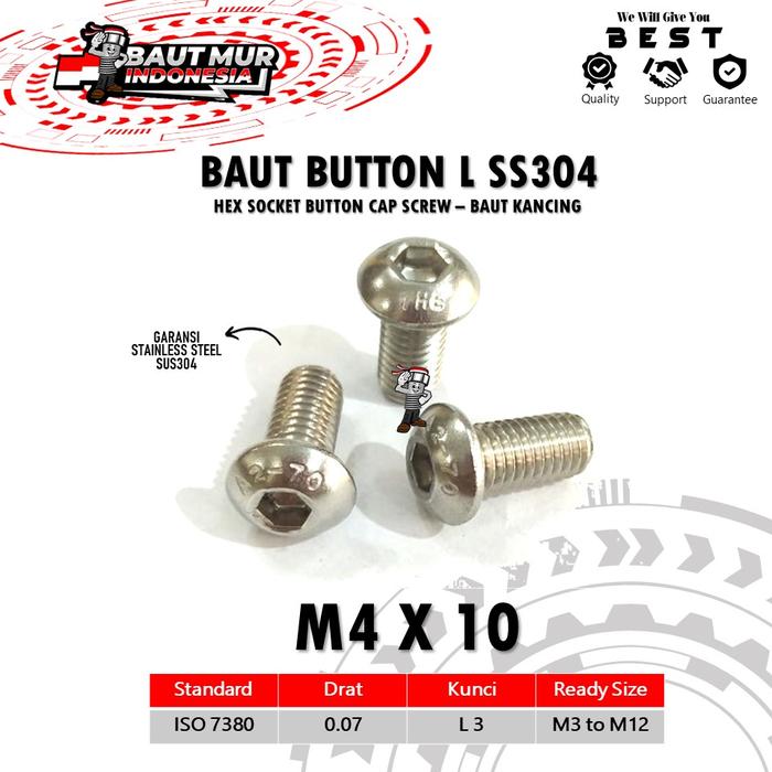 Jual BAUT KANCING BUTTON L SOCKET CAP SCREW SS304-A2 M4X10 isi 10PCS ...