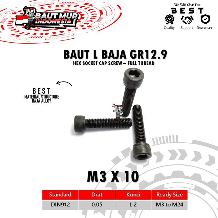 Jual BAUT L BAJA GR12.9 M3X10 ISI 10PCS ALLEN BOLT HEX SOCKET HEAD CAP ...