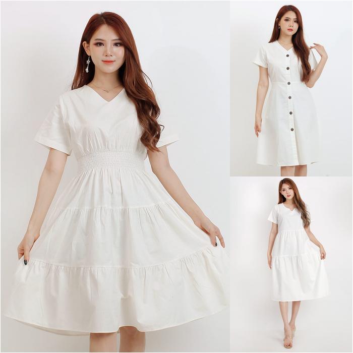 Jual Dress Midi Putih Gaun Remaja Polos Flare Baju Terusan Modern Katun ...