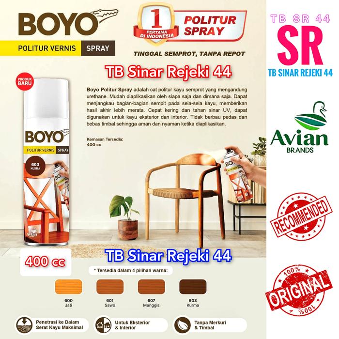 Jual BOYO POLITUR VERNIS SPRAY 400 CC Cat Plitur Semprot Untuk Kayu ...