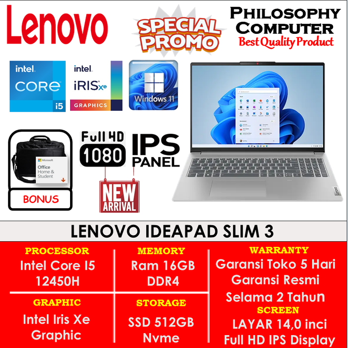 Jual Lenovo Ideapad Slim 3 14 I5 12450H 16GB 512GB W11+OHS 14.0Full HD ...