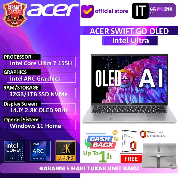 Promo ACER SWIFT GO OLED SFG14 ULTRA 7 155H 32GB 1TB W11+OHS 14.0 2.8K ...