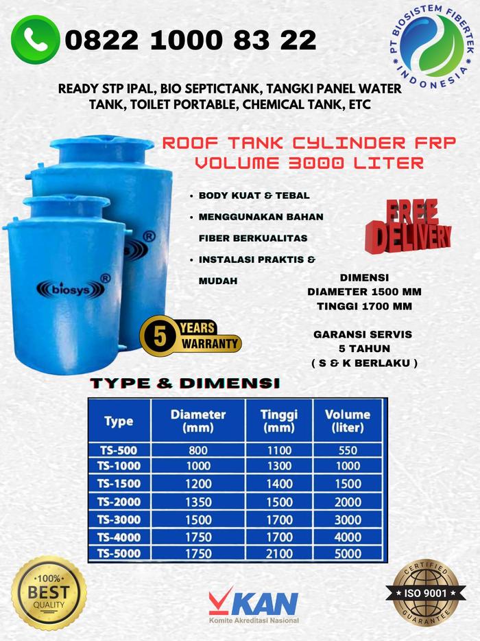 Jual Tangki Air / Toren Air Atap Fiber 3000 liter, biosys, biosung ...