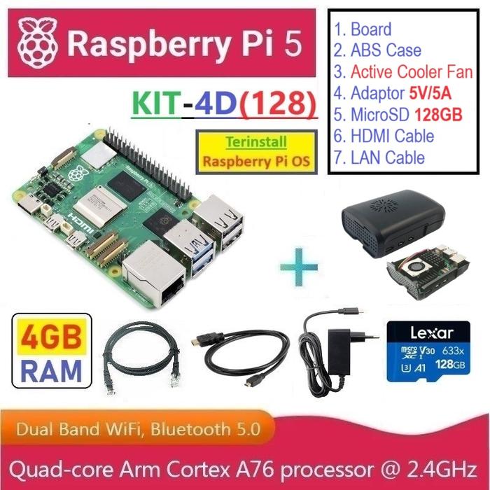 Jual KIT-4D(128) : Raspberry Pi 5 (4GB RAM) - Complete SET (MicroSD ...