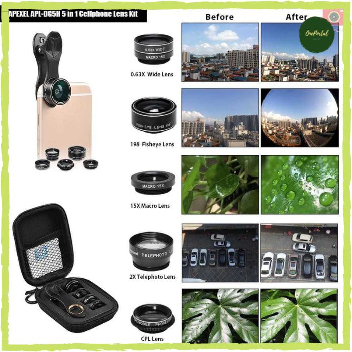 APEXEL 5 in 1 Lensa Kamera CPL Fisheye Macro Telephoto Wide Angle ...