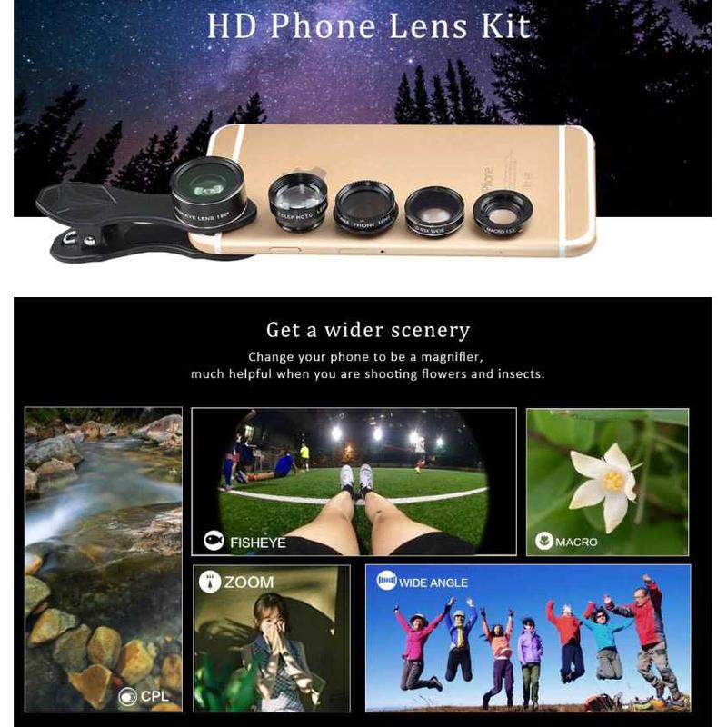 APEXEL 5 in 1 Lensa Kamera CPL Fisheye Macro Telephoto Wide Angle ...