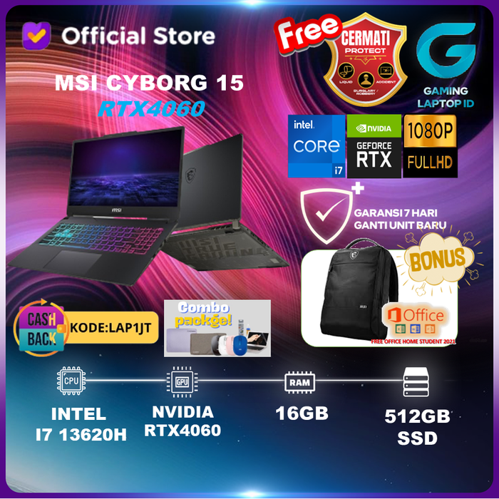 Promo MSI CYBORG 15 I7 13620H RTX4060 16GB 512GB W11 OHS 15.6FHD IPS ...