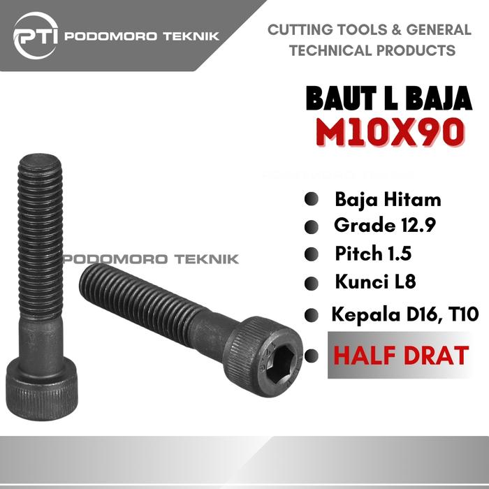 Jual Baut L M10x90 Baut Hitam Baja M10 x 90 mm Grade 12.9 Half Drat ...