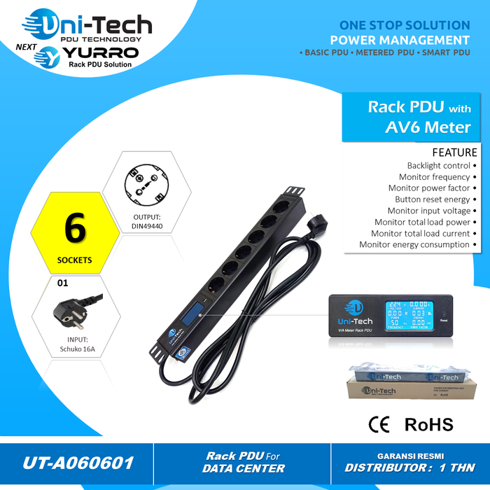Jual Metered AV6 PDU, 6 Sockets DIN49440, Input Schuko 16A Cable - Kota ...