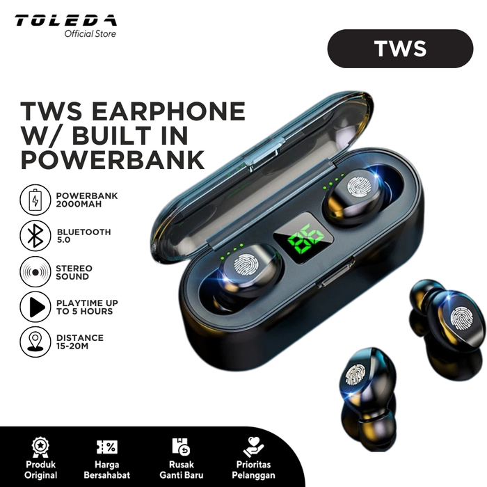 Promo Earphone Bluetooth TWS With Powerbank Extra Bass LED Battery ...