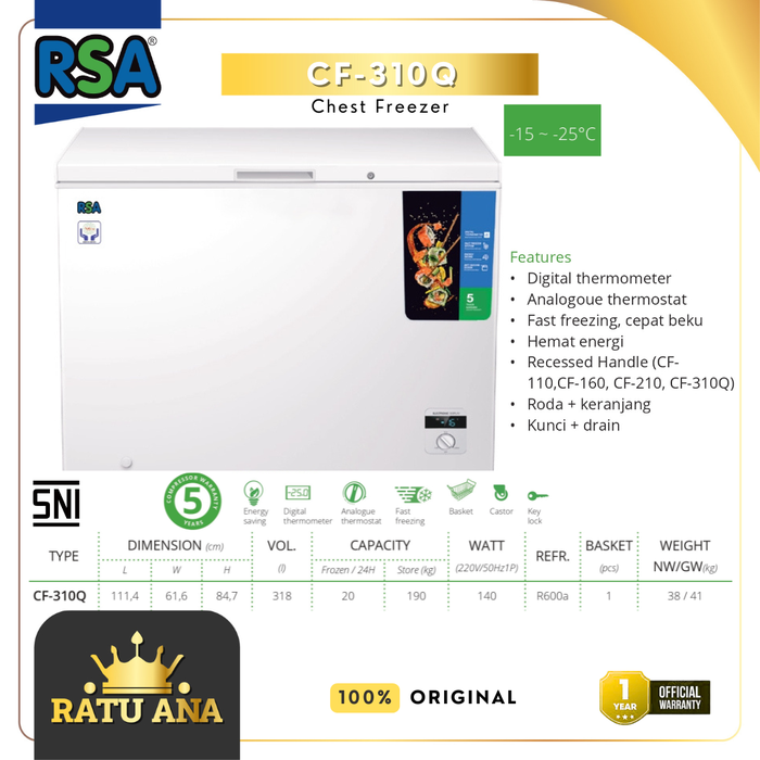 Jual RSA Chest Freezer CF-310Q 310 Liter Garansi Resmi 5 Tahun Hemat ...