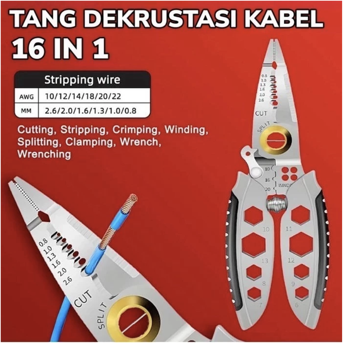 Promo Tang Dekrustasi 16 In 1 Kupas Potong Lilit Belah Kabel Crimping ...