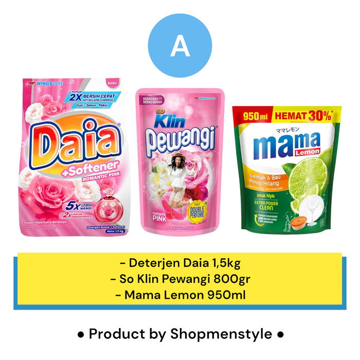Jual Paket 3in1 Deterjen Bubuk Daia So Klin Pewangi Sunlight Mama Lemon ...