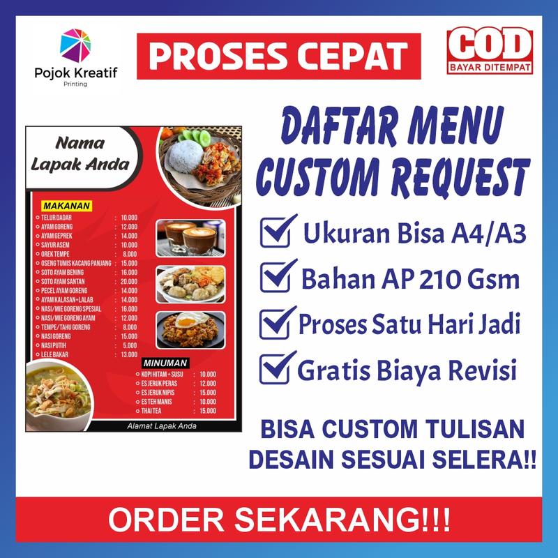 Cetak List Daftar Menu Makanan Minuman A01 Ukuran A4 A3 Custom - Shop ...