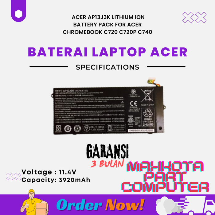 Jual BATERAI ACER AP13J4K AP13J3K C720 C740 C5U9 SHORT PIN (kabel ...