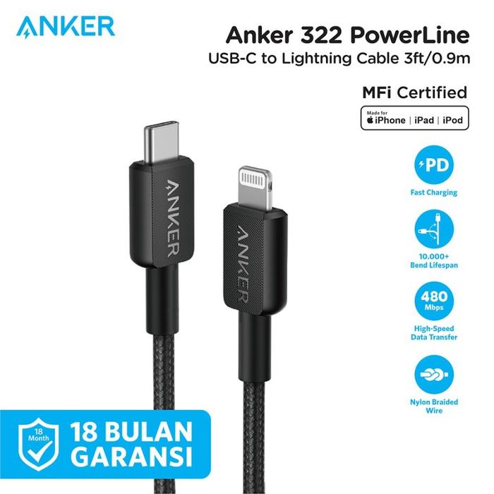 Promo Anker 322 Kabel Charger MFI USB Type C to Lightning 3FT - A81B5 ...