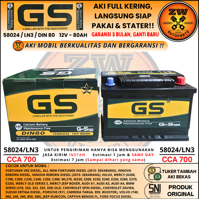 Jual AKI MOBIL BMW E36, E46, MERCY OLD SERIES E/S 58024 / LN3 GS MF 12V ...