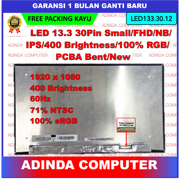 Jual LCD LED 13.3 13 Inch 30 Pin 30pin Small Narrow Full HD FHD IPS ...