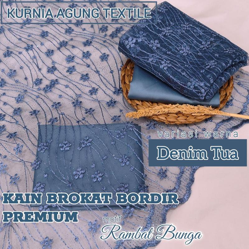 Kain Satin + Brokat Bordir Premium warna DENIM BLUE Bahan Dress - Shop ...
