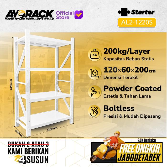 Promo RAK GUDANG BESI AYORACK AL2-1220S 200KG - 2 METER 4 SUSUN PANJANG ...