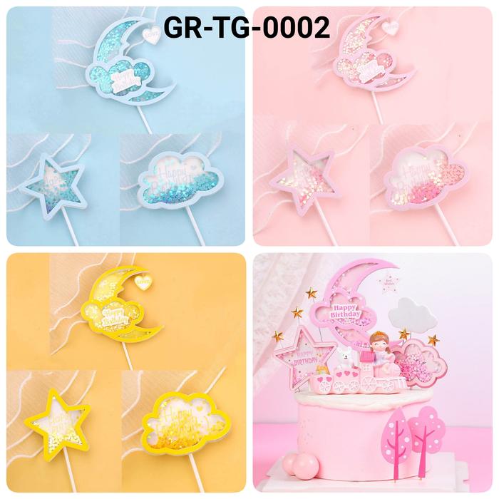 Jual GR-TG-0002 Cake topper hiasan kue bulan bintang awan glitter pink ...