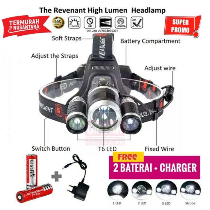 Jual Paket Senter Kepala Headlamp 3 LED Cre XML-T6 5000 Lumens Camping ...