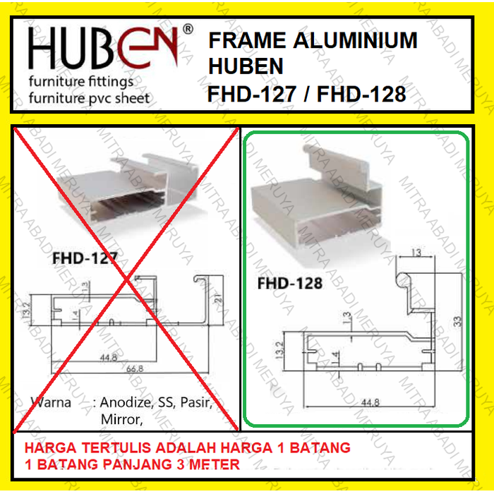 Jual Profil Frame Handle Alumunium Aluminium HUBEN FHD 128 FHD128 FHD ...